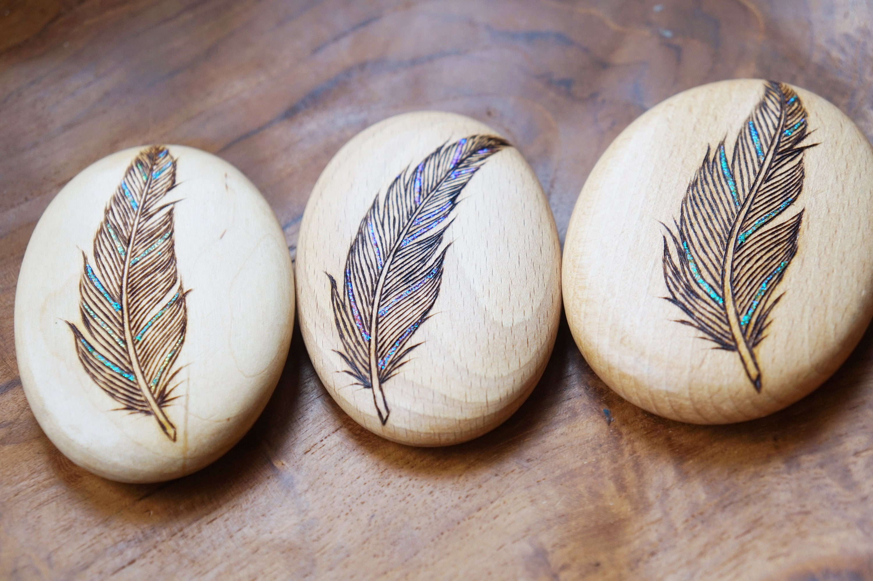 Memorial Glitter Feather Keepsake Wooden Pebble With Freehand - Etsy UK