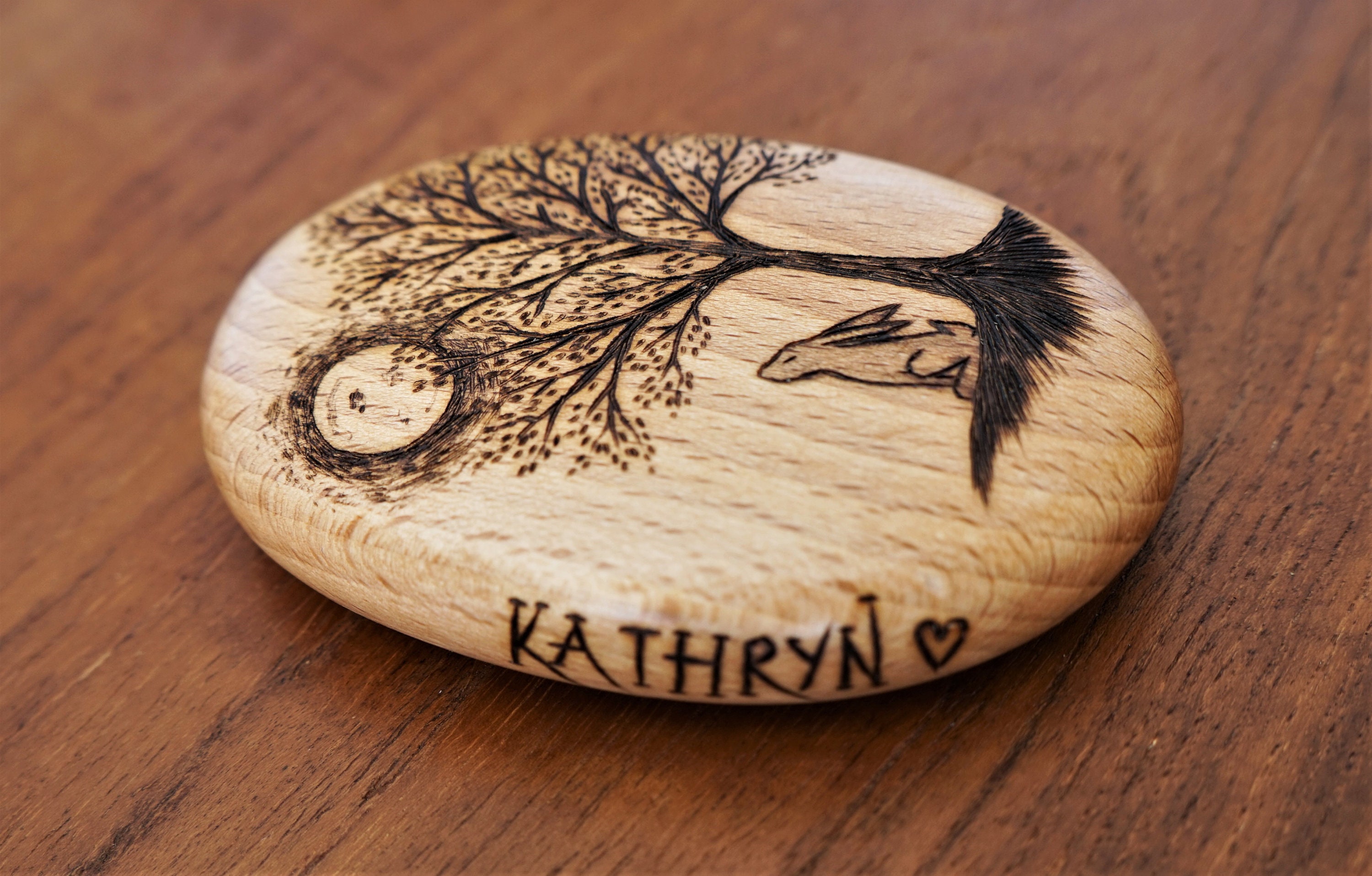 Moon Gazing Hare solid wood pyrography pebble | Etsy