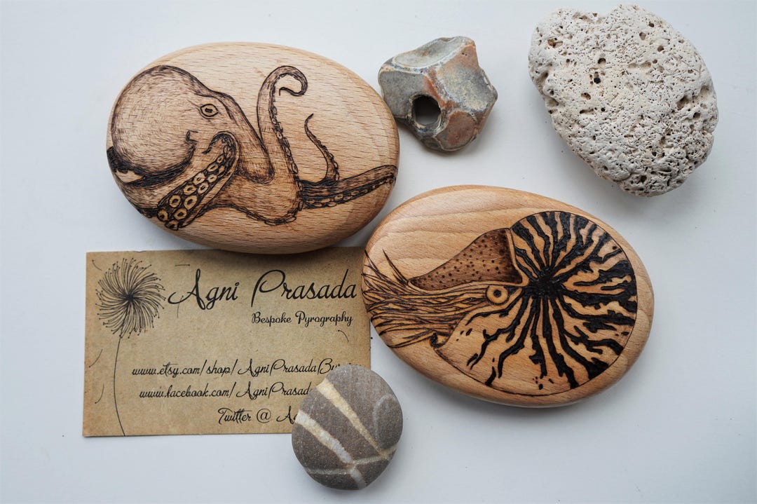 Octopus Pyrography Art, Keepsake on Solid Wooden Pebble, Each One ...