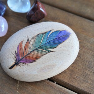 Rainbow Feather Pebble, Pyrography on Solid Wood With Metallic Paints ...
