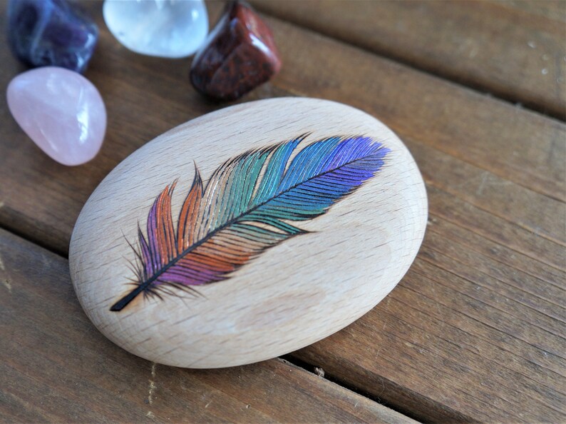 Rainbow Feather Pebble Pyrography on Solid Wood With Metallic - Etsy