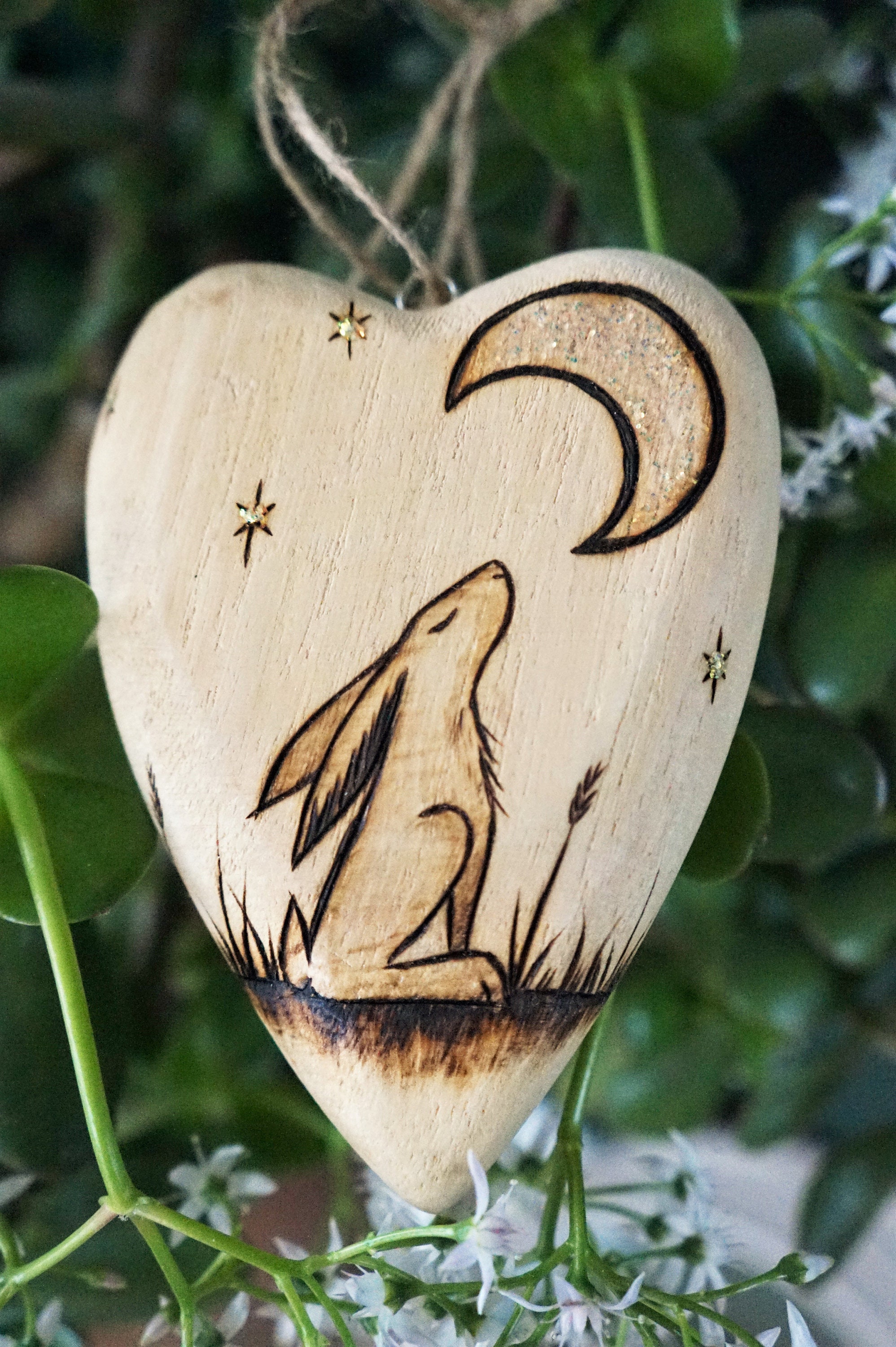 Moon gazing Hare Pyrography wooden heart personalised gift | Etsy
