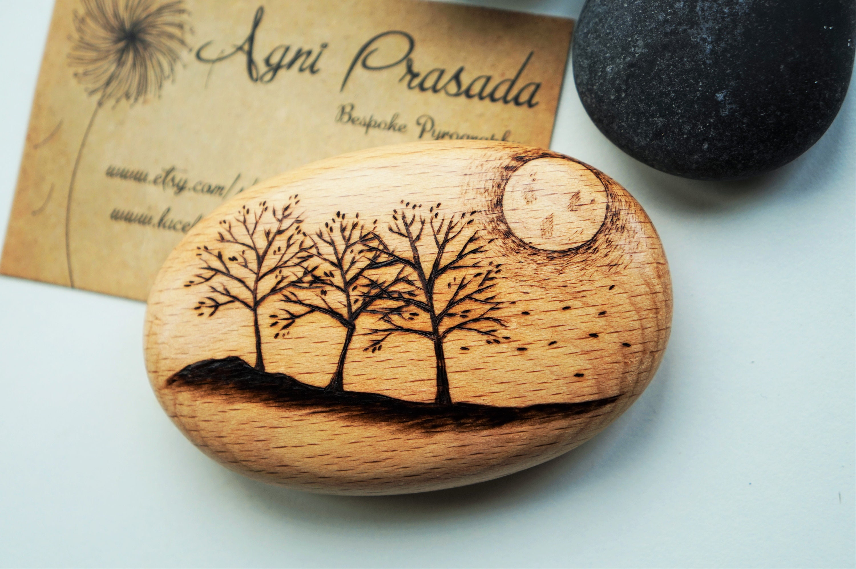 Solid wooden pebble with pyrography tree design. Hand burned | Etsy