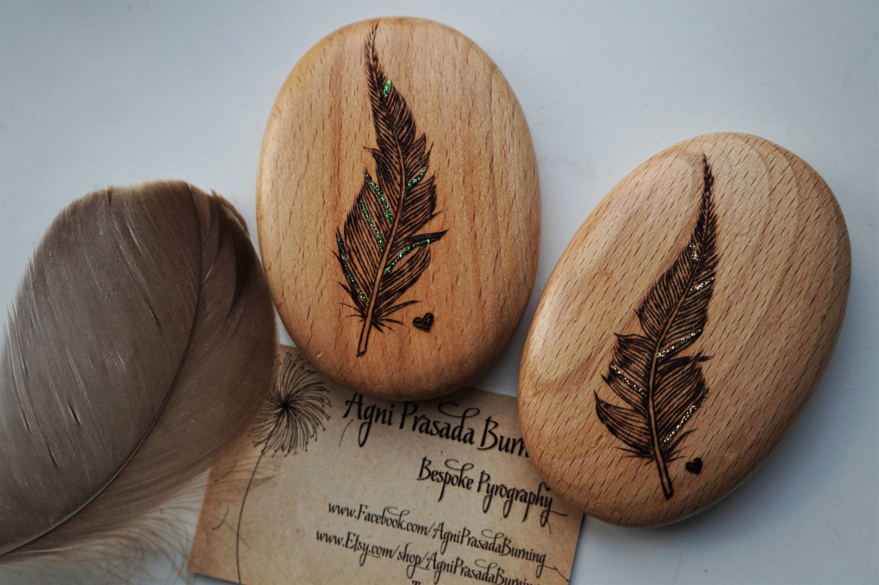 Memorial Glitter Feather Keepsake Wooden Pebble With Freehand - Etsy UK