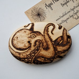 Octopus Pyrography Art, Keepsake on Solid Wooden Pebble, Each One ...