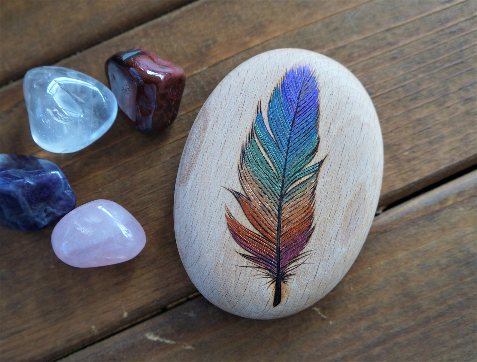 Rainbow Feather Pebble Pyrography on Solid Wood With Metallic - Etsy