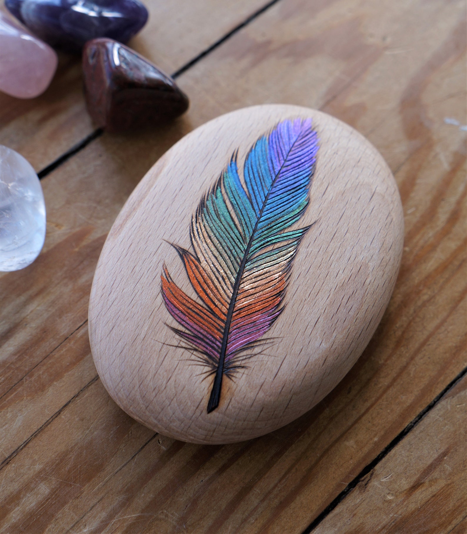 Rainbow Feather Pebble Pyrography on Solid Wood With Metallic - Etsy