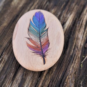 Rainbow Feather Pebble, Pyrography on Solid Wood With Metallic Paints ...