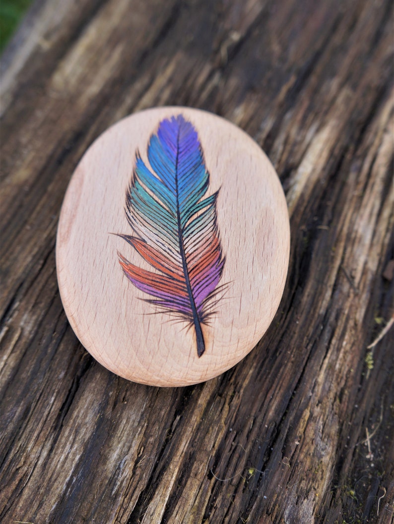 Rainbow Feather Pebble Pyrography on Solid Wood With Metallic - Etsy