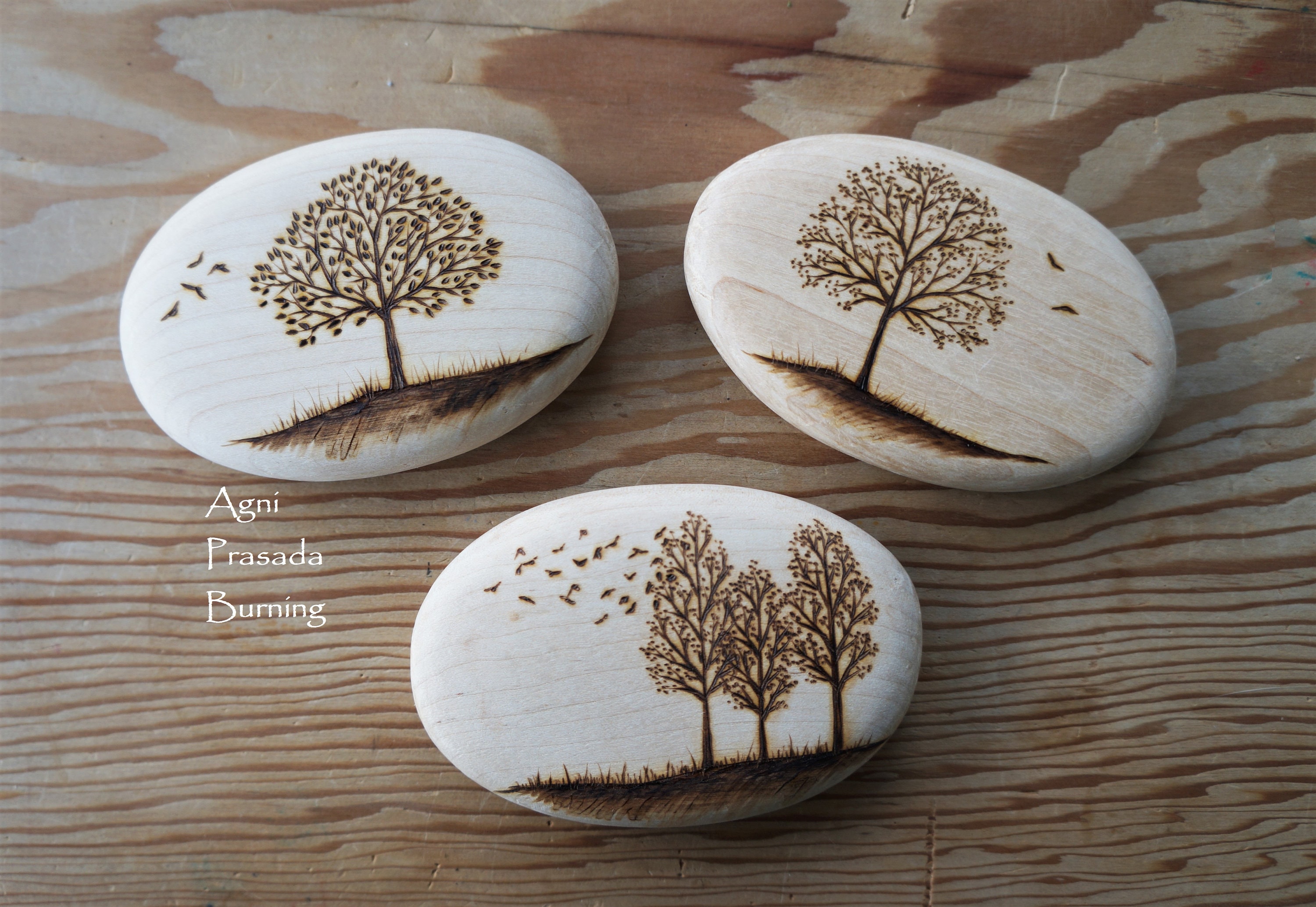 Solid wooden pebble with pyrography tree design. Hand burned | Etsy