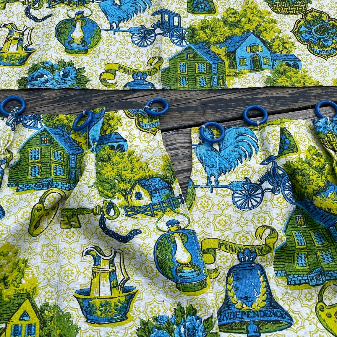 Vintage 50s 60s MCM Drapes Curtains Fiberglass Blue Green Country Theme ...