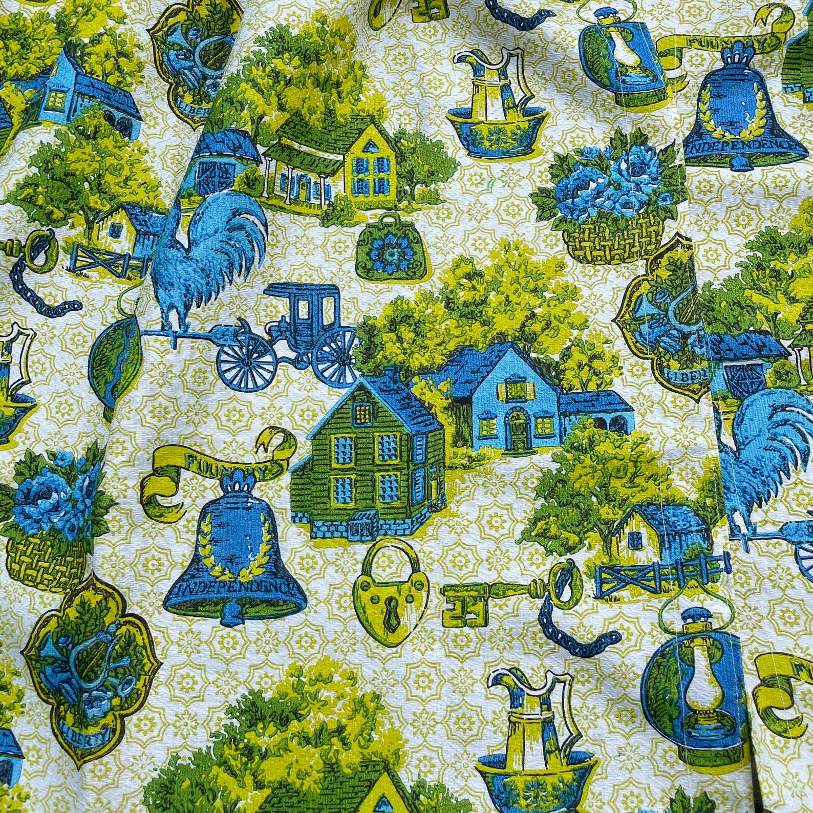 Vintage 50s 60s MCM Drapes Curtains Fiberglass Blue Green Country Theme ...