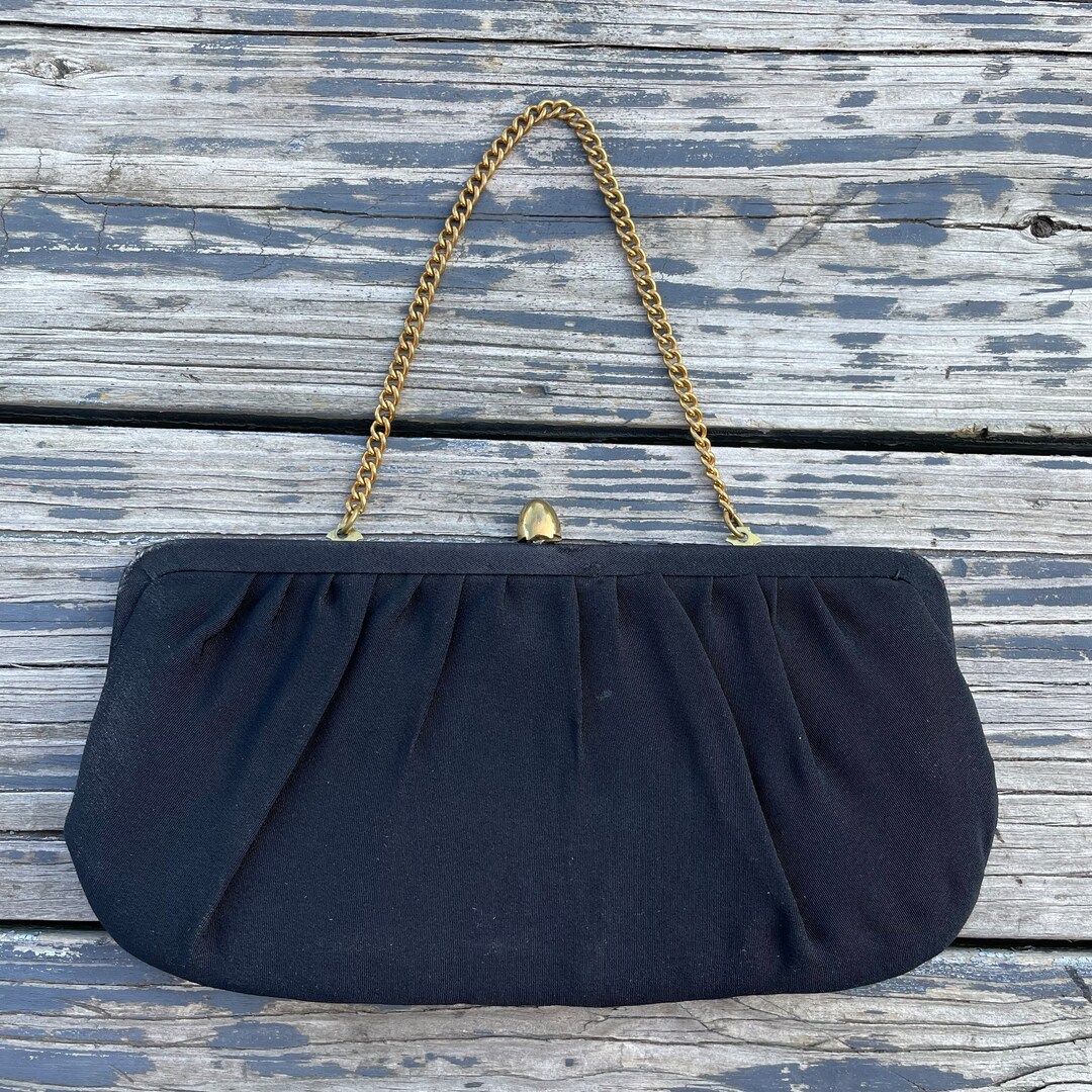 Vintage 1940s 50s Black Rayon Evening Bag Convertible Clutch Purse ...