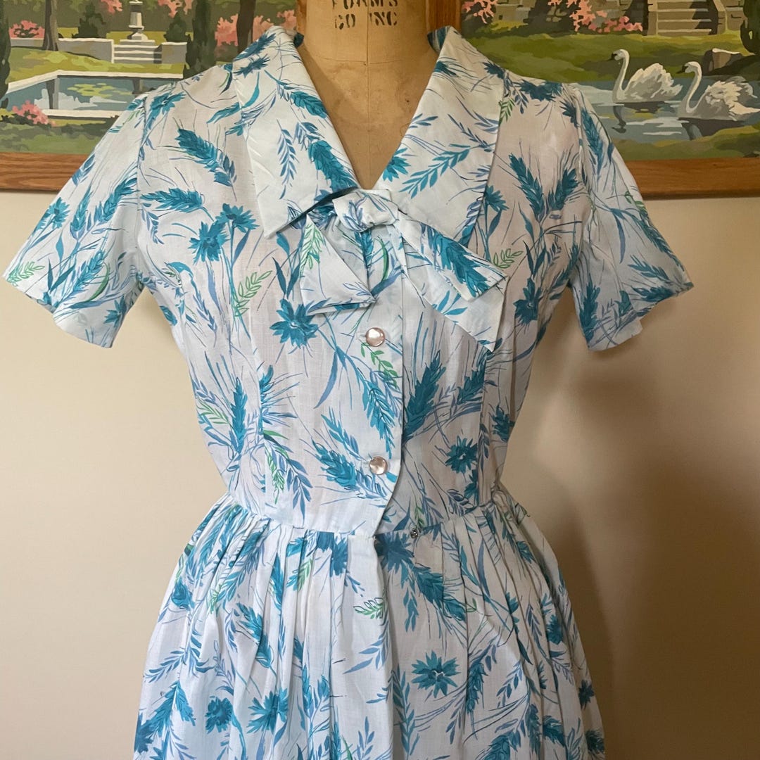 Vintage Deadstock 1950s Miss Smith Day Dress Blue White Floral Womens ...