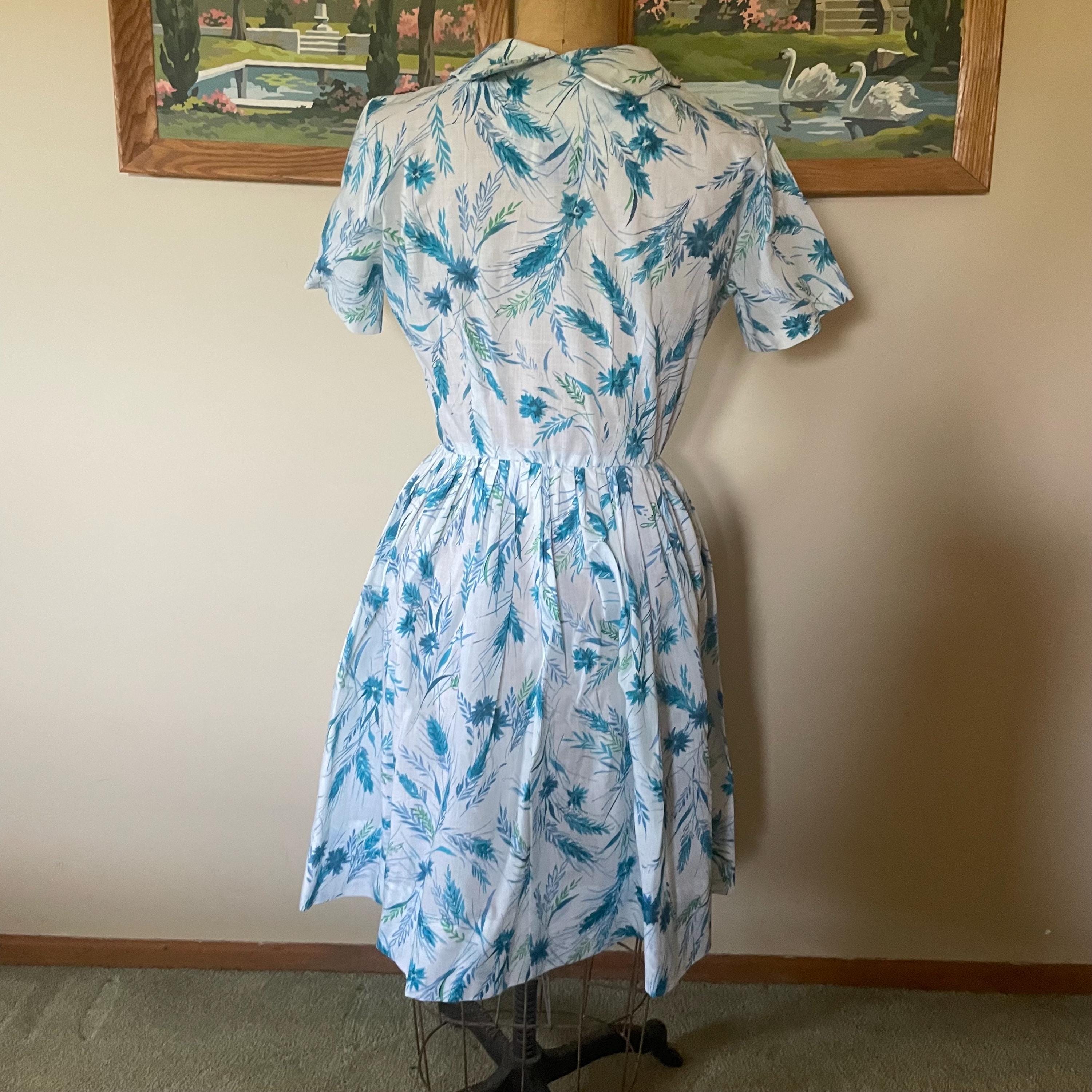 Vintage Deadstock 1950s Miss Smith Day Dress Blue White Floral Womens ...