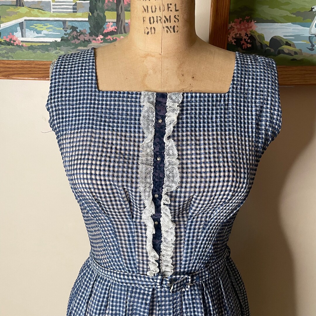 Vintage 1950s Pinup Day Dress Sheer Seersucker Blue White Gingham 36 ...