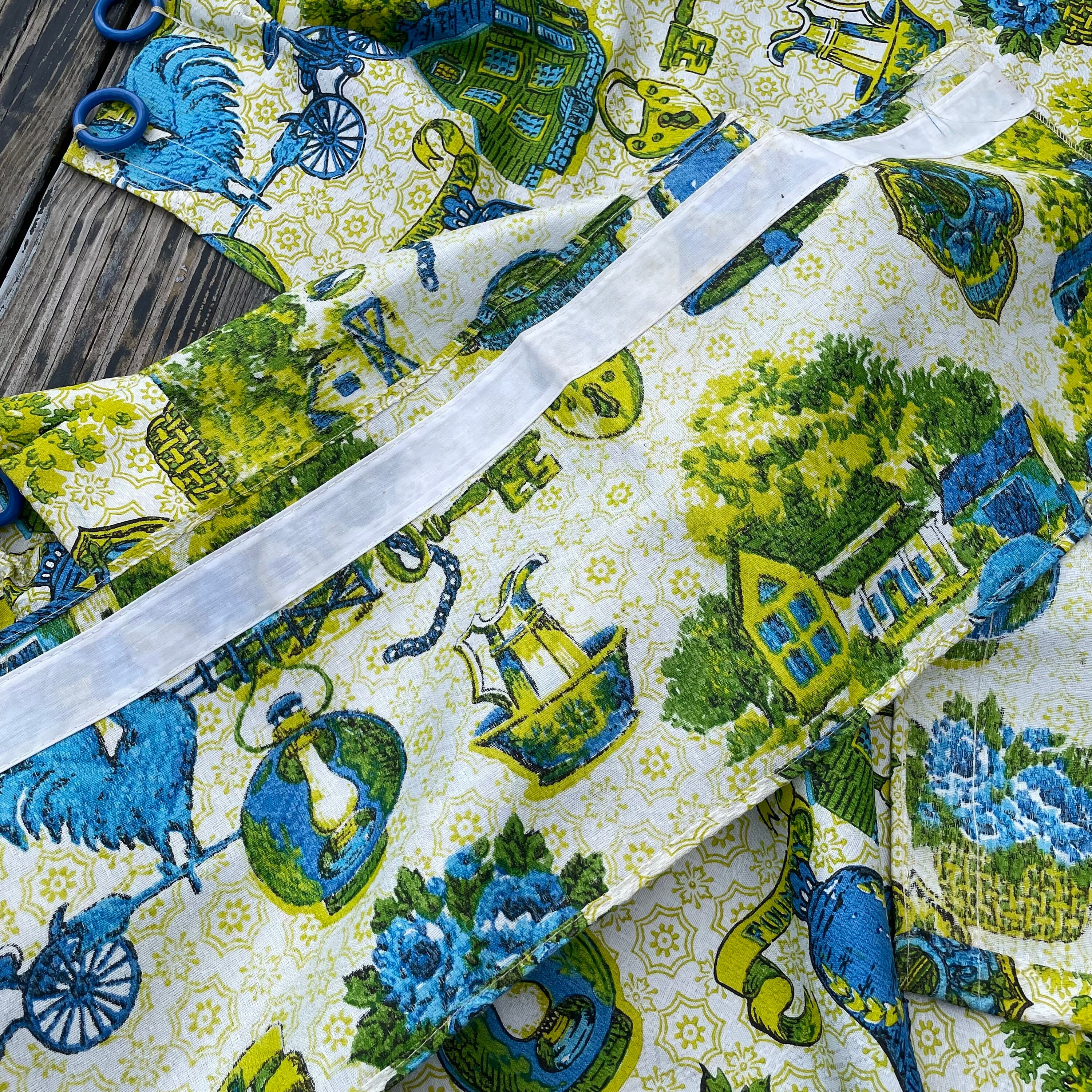 Vintage 50s 60s MCM Drapes Curtains Fiberglass Blue Green Country Theme ...