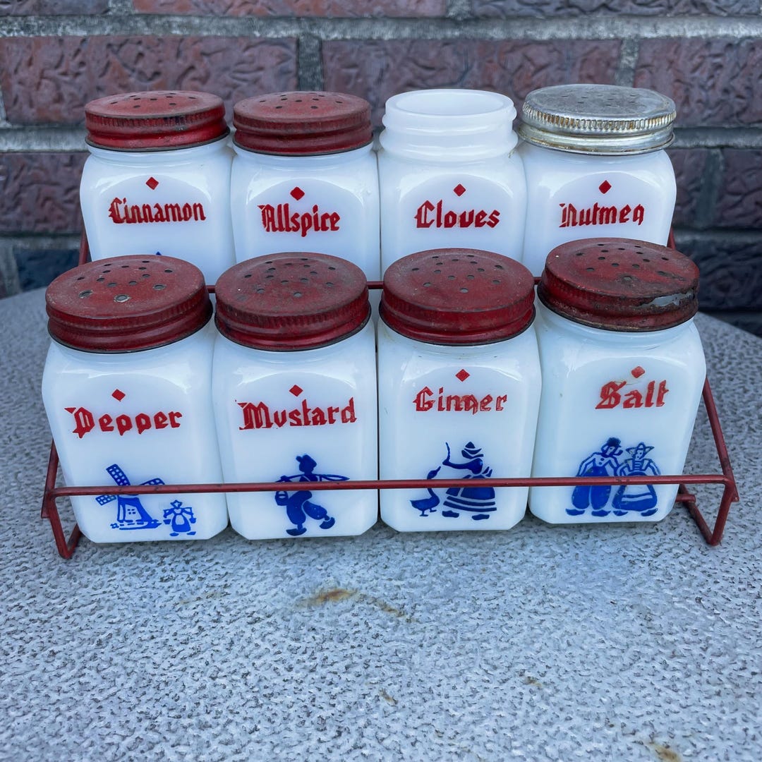 Vintage Tipp City Dutch Kids Dove Spice Jars Milk Glass Red Lid Set of ...