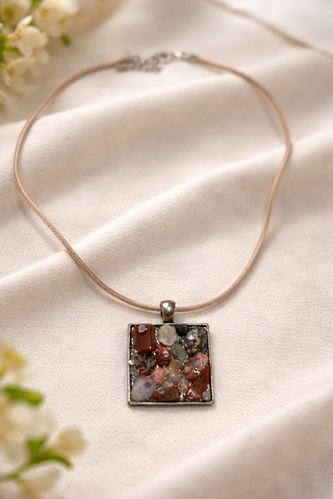 Earthstone Mosaic Pendant Necklace – Handmade Jasper & Quartz Collage ...
