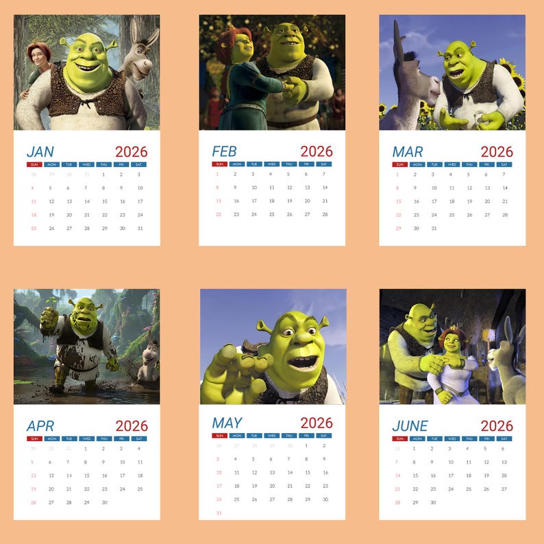 Shrek 2026 Calendar, Shrek Monthly Wall Calendar, 2026 Shrek Calendar ...