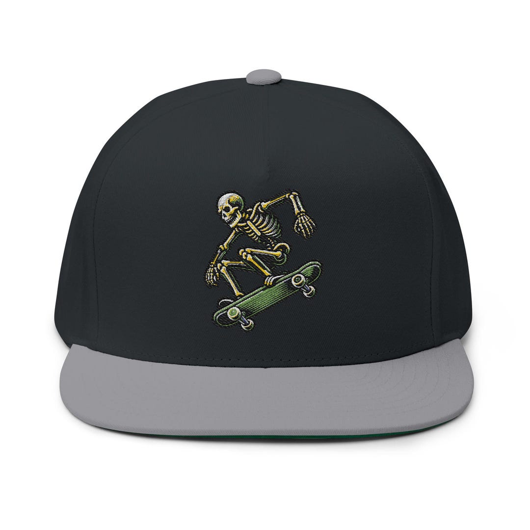 Skeleton Skateboarder Flat Bill Cap, Trendy Cap for Skaters, Unique ...