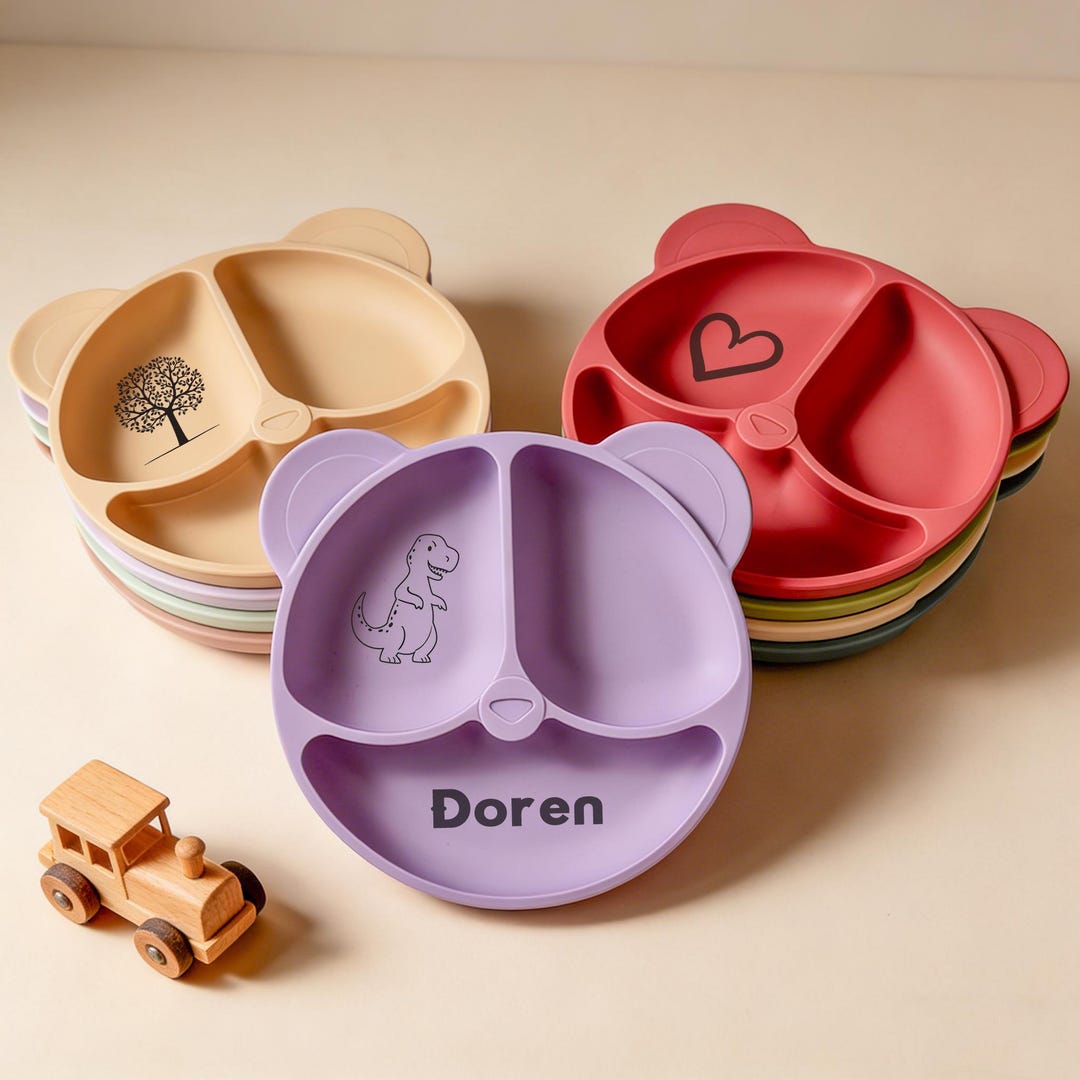 Personalized Bear Silicone Dinner Plate With Name, Baby Tableware ...