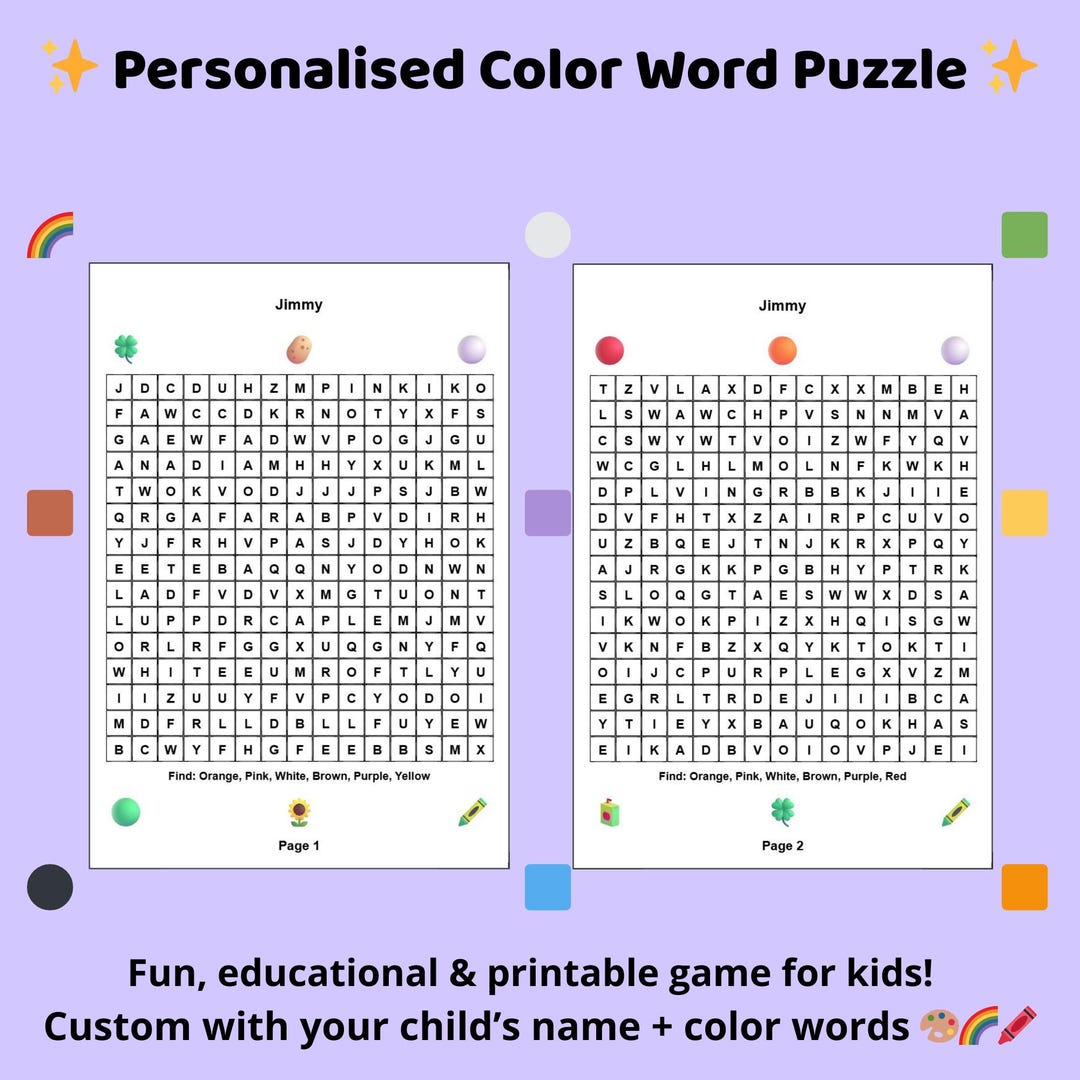 Personalized Color Word Search Puzzle, Kids Learning Activity ...