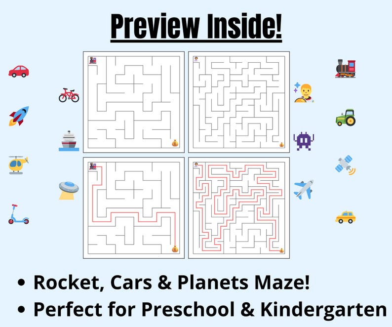 Space and Transportation Maze Printable, 50 Pages Maze Game for Kids ...