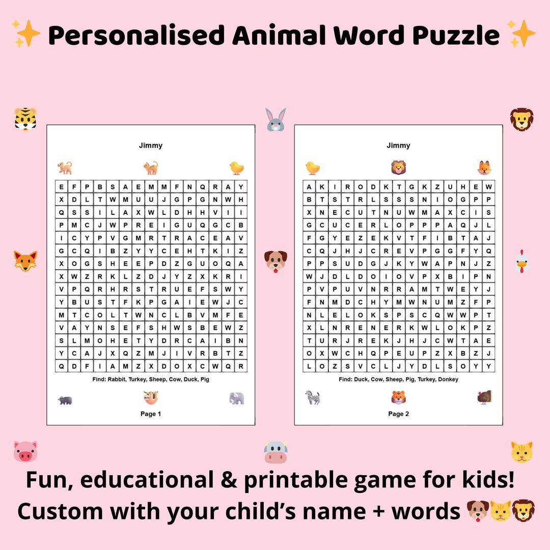 Customizable Animal Word Search, Personalized Kids Activity, PDF ...