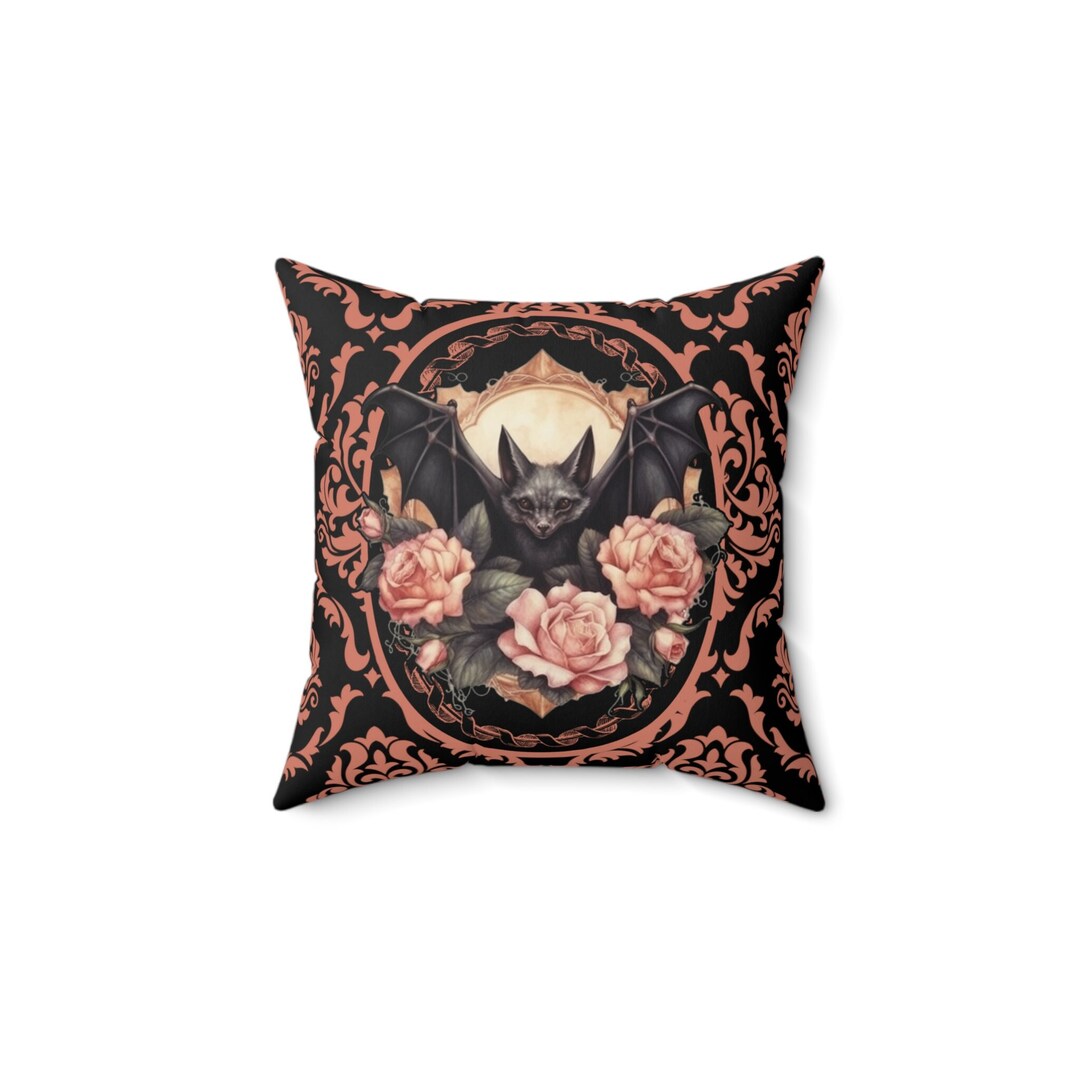 Gothic Floral Print Throw Pillow, Victorian Style Rose Floral Bat ...