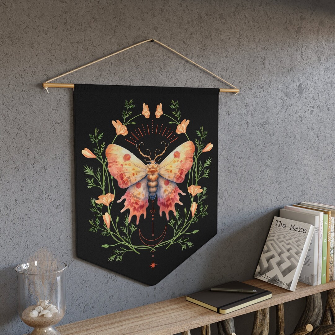 Celestial Moth Banner, Bohemian Floral Wall Art, Witchy Moon Moth Wall ...