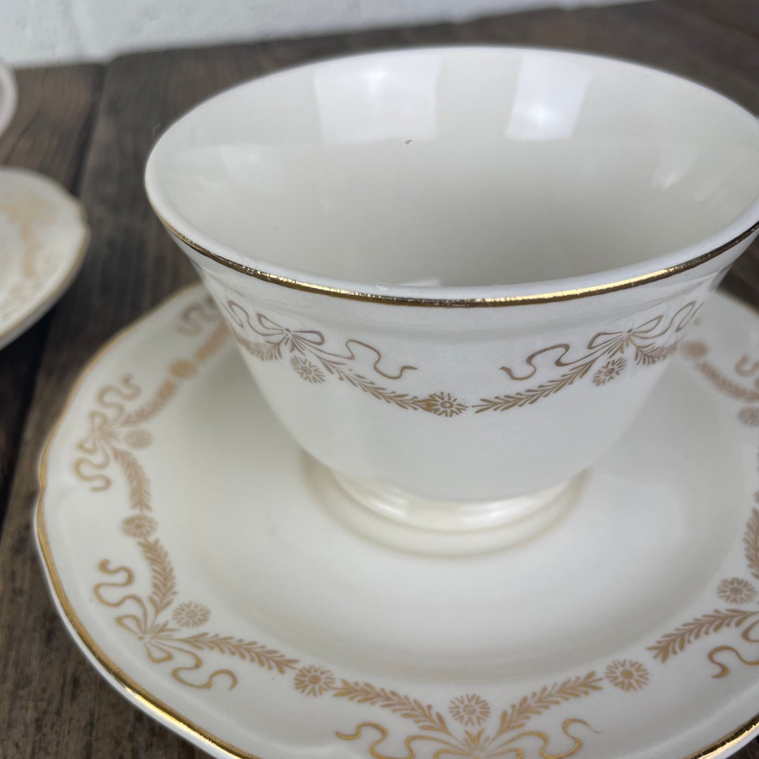 Vintage Cream and Gold Ser of Tea Cups and Saucers Knowles Made in USA ...