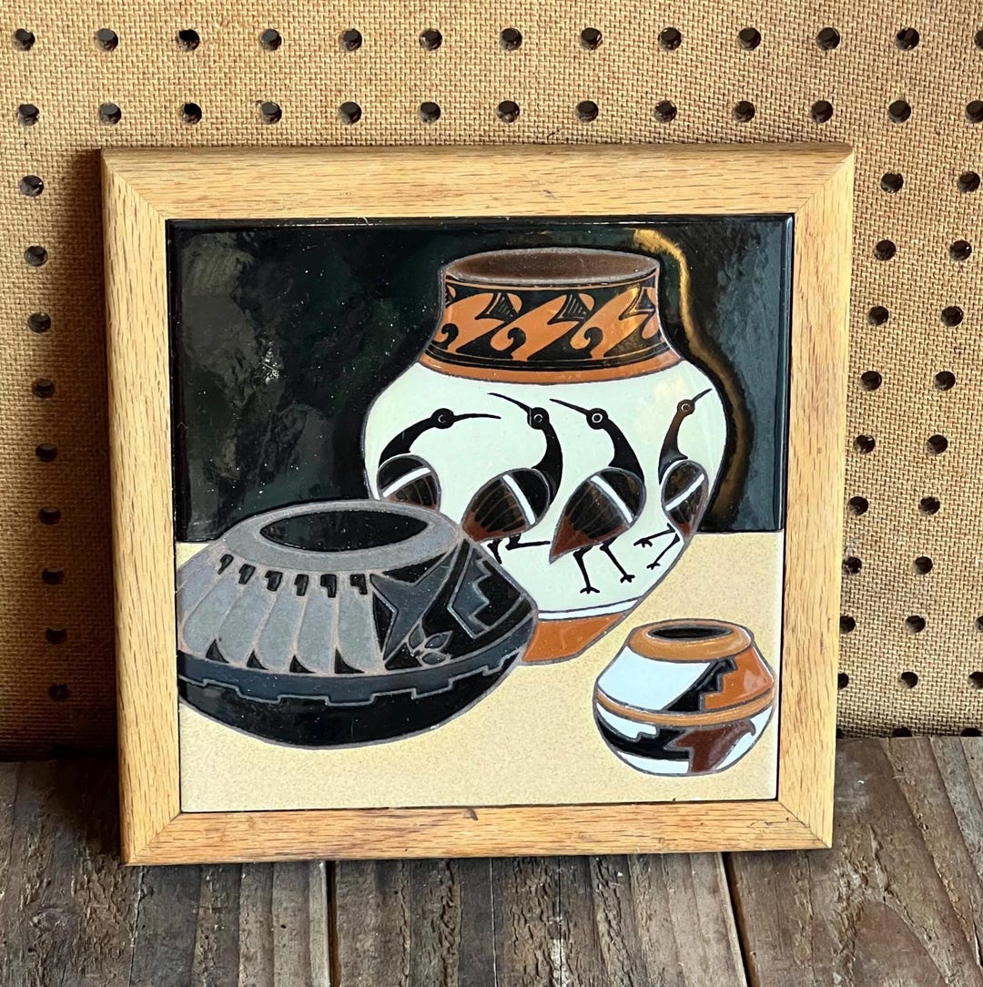 Vintage 1990 ARIUS Santa Fe Art Tile Framed TRIO POTS - Native ...