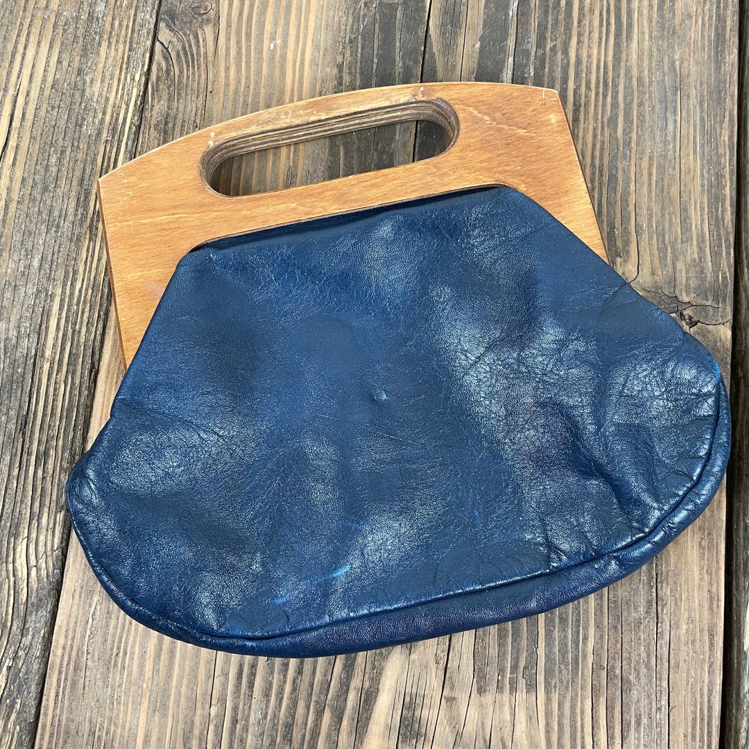 Simple Navy Blue Purse Vintage Wooden Handle Retro Handbag Bag Snap ...