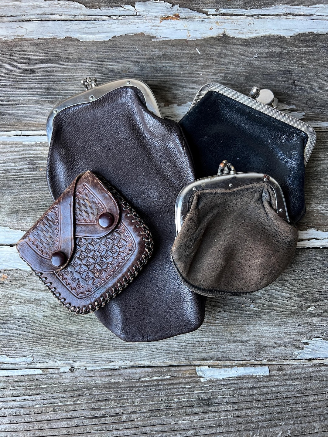 Vintage Soft Leather Coin Purses Three Kiss Top Leather Wallets Small ...