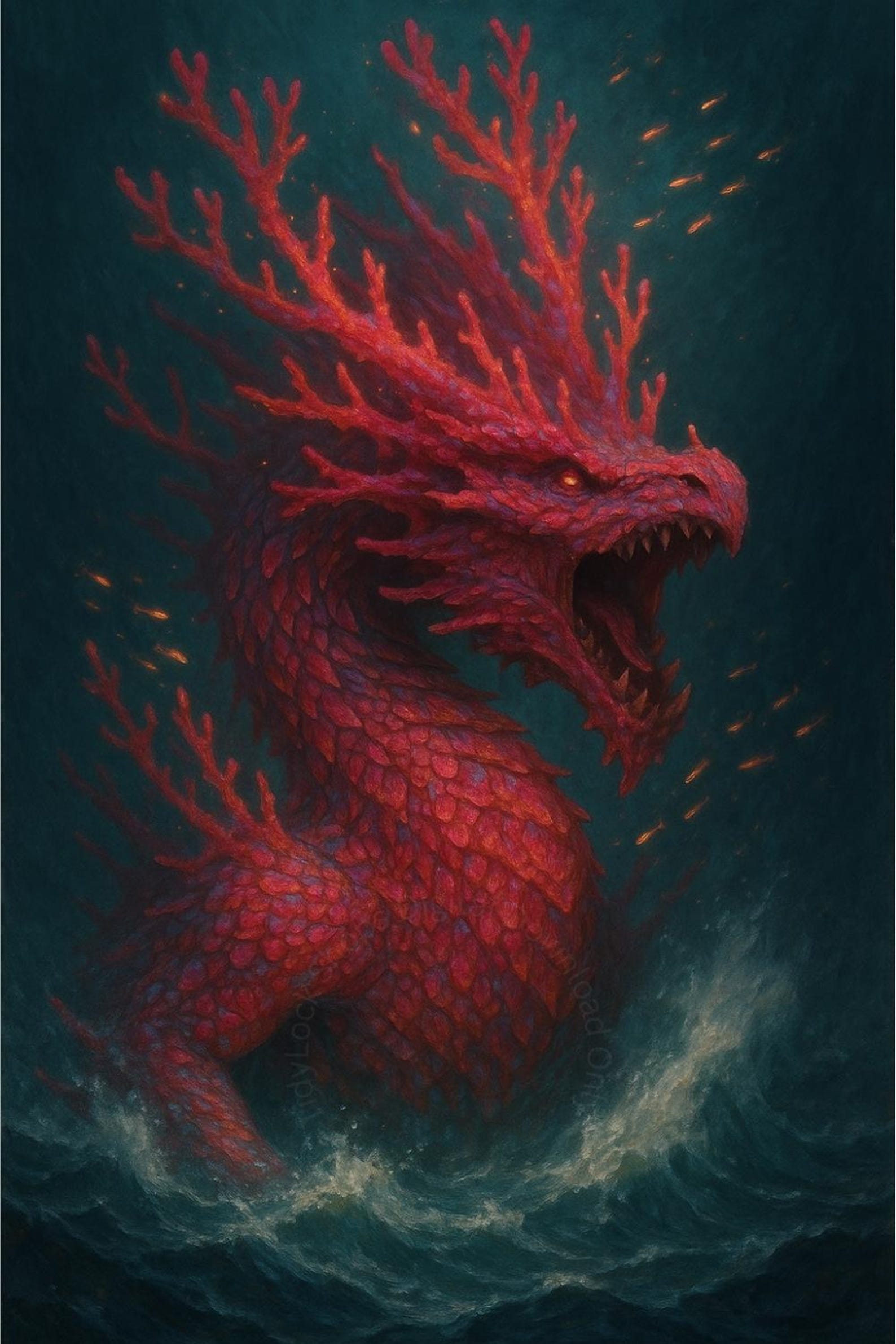 Coral Flame Dragon – Red Sea Serpent Digital Art Print, Ocean Fantasy ...