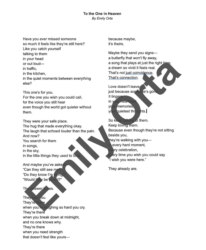 To the One in Heaven Poem | by Emily Orta - Etsy