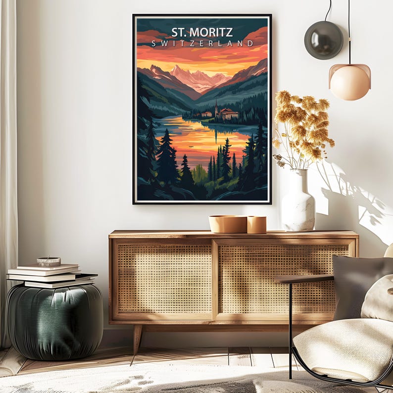 St. Moritz Travel Poster, Retro Vintage Alpine Wall Art Print, Map ...