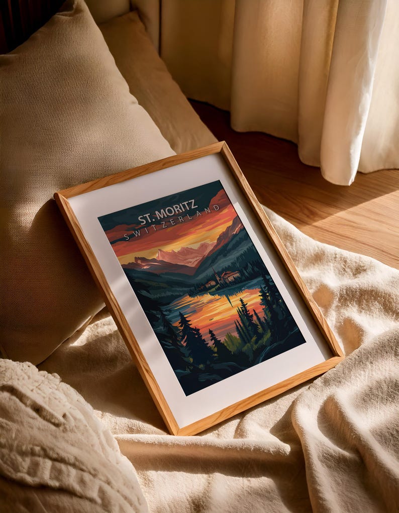 St. Moritz Travel Poster, Retro Vintage Alpine Wall Art Print, Map ...