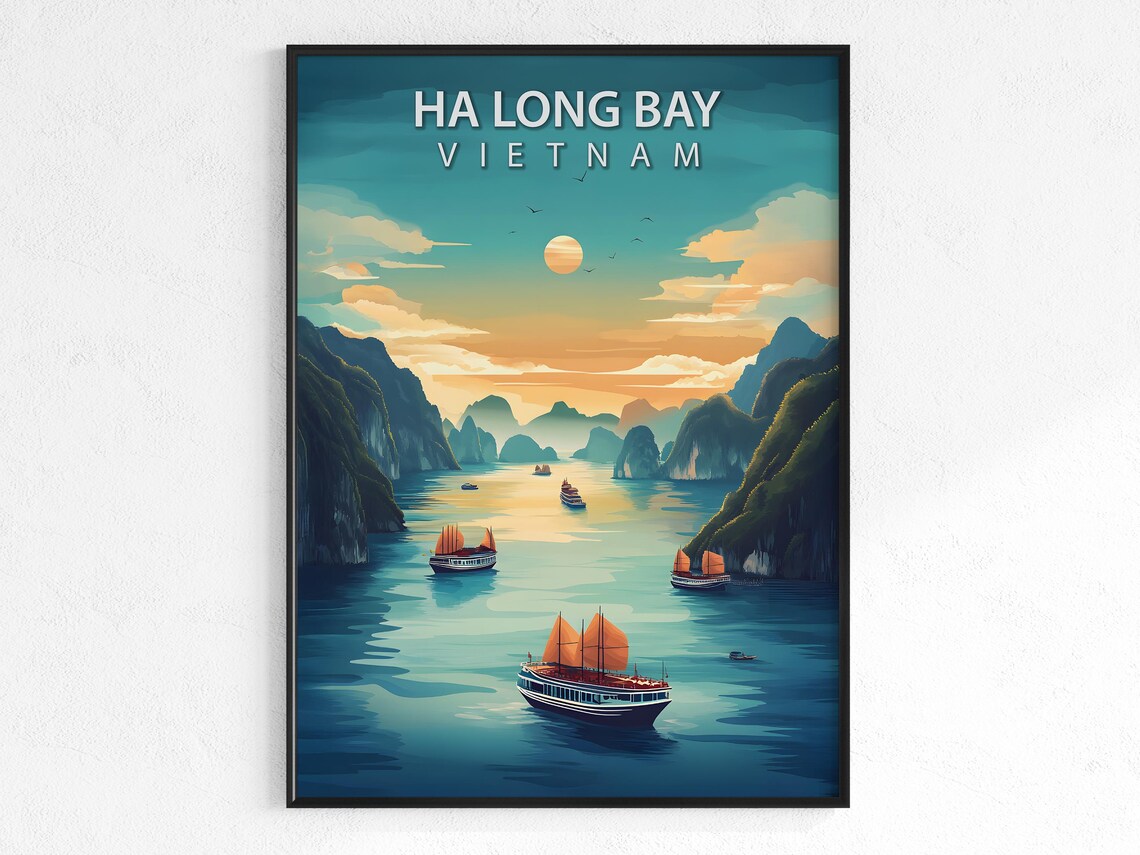 Ha Long Bay Travel Poster, Retro Vintage Ocean Wall Art Print, Map ...