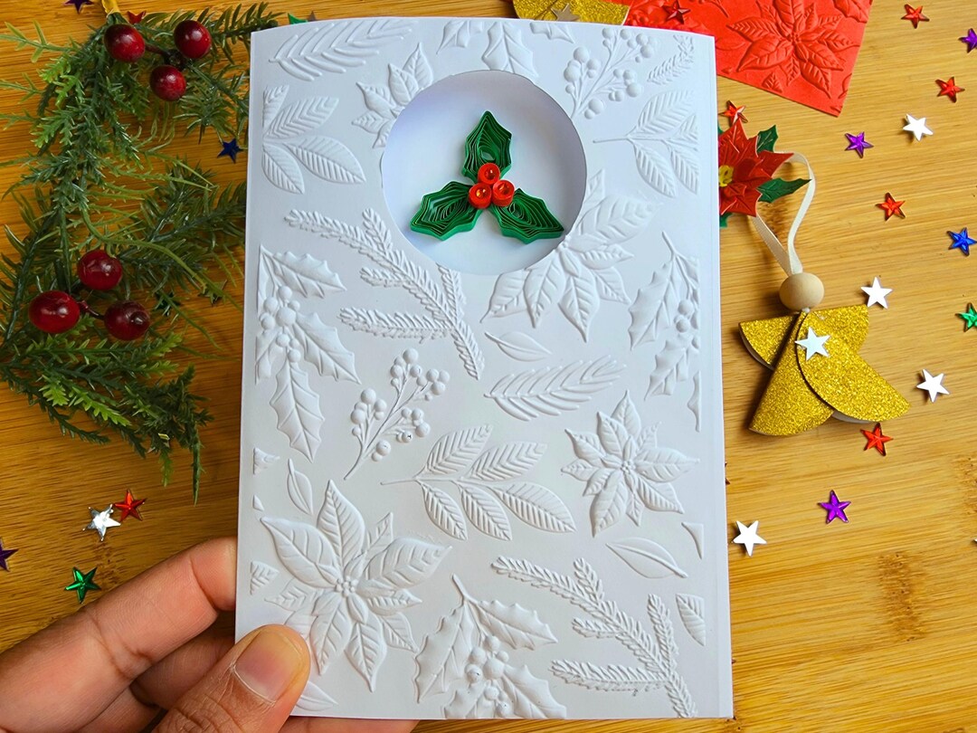 Handmade Quilled Holly Card Embossed Botanical Design, 3D Paper ...