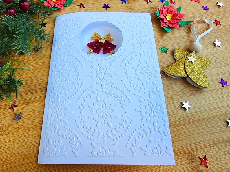 Handmade Quilled Jingle Bells Card Embossed Snowflake Design, 3D Paper ...