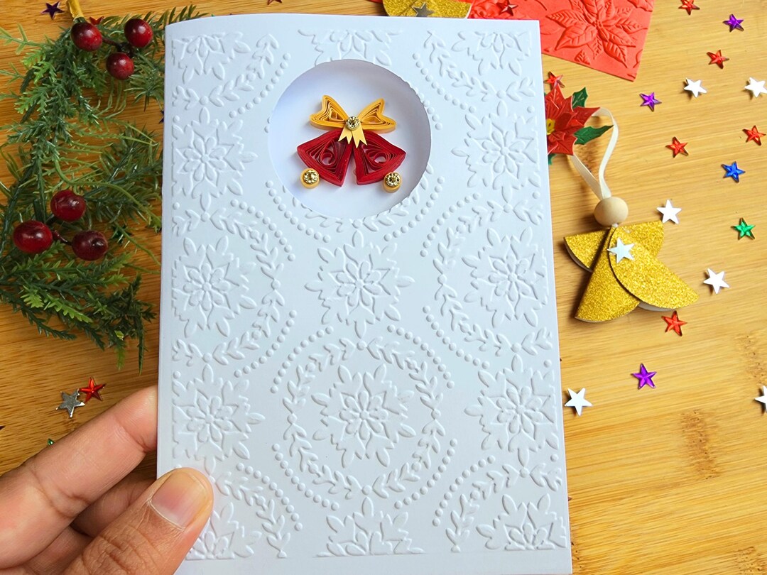 Handmade Quilled Jingle Bells Card Embossed Snowflake Design, 3D Paper ...