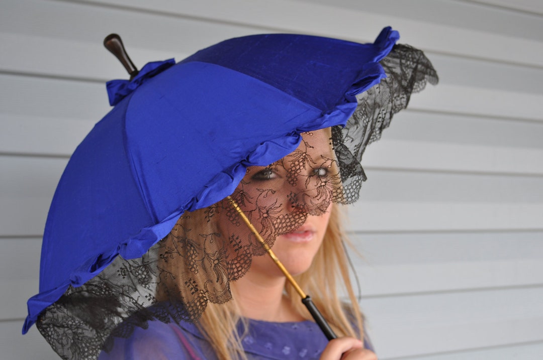 Victorian Royal Blue & Black Lace, Antique Parasol Umbrella Beauty - Etsy