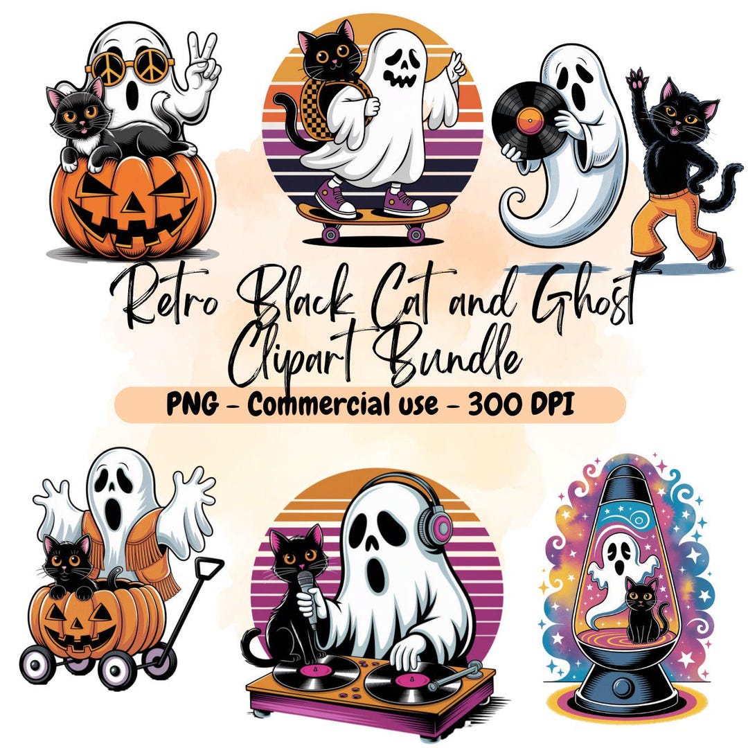 Retro Halloween Ghost & Black Cat PNG | Cute Vintage Style Halloween ...