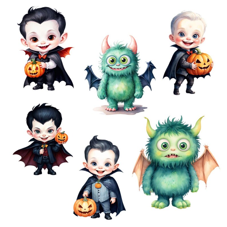 Cute Halloween Monsters Clipart PNG Bundle | Little Monster Kid Art ...