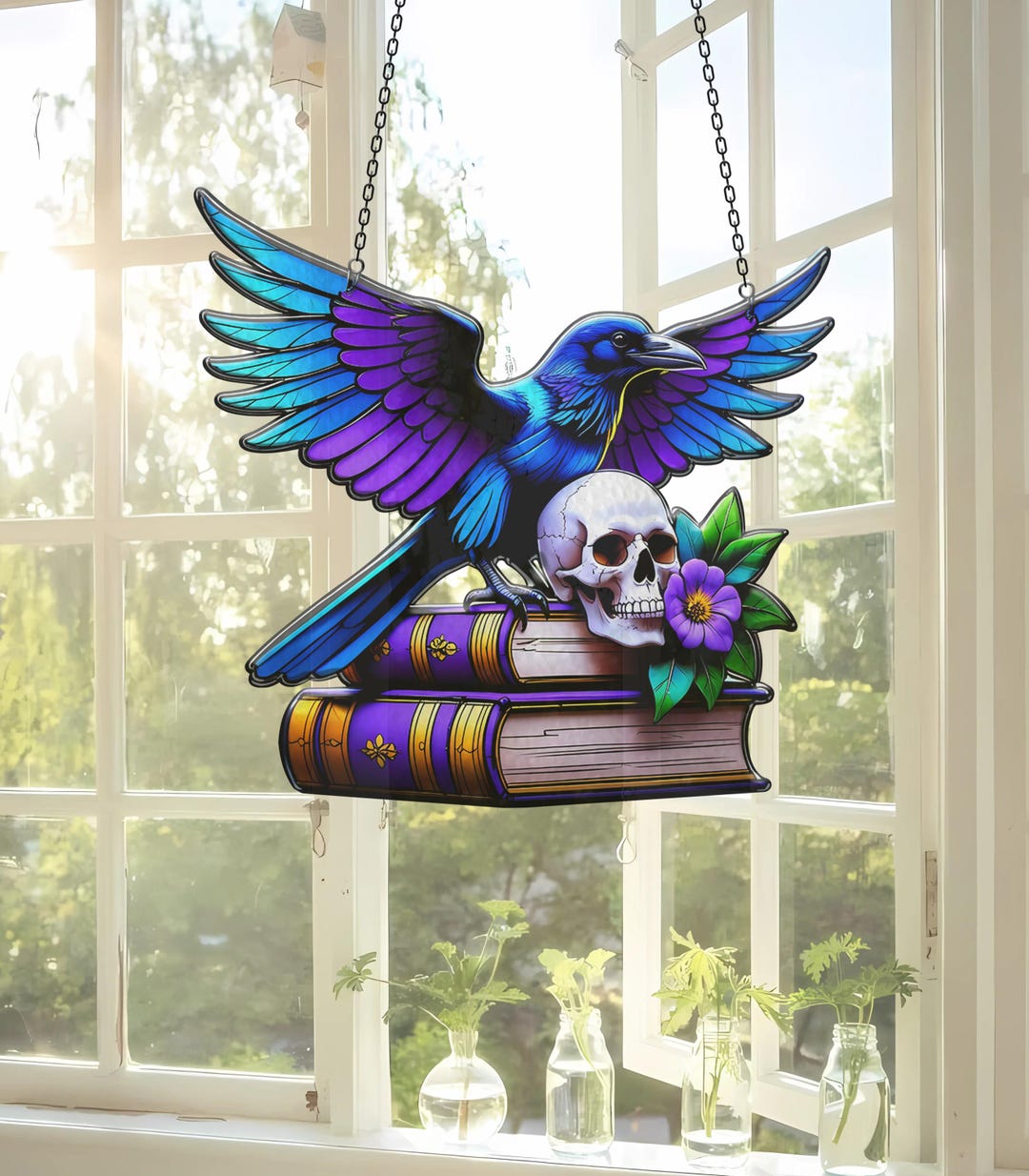 Raven Suncatcher Acrylic Window Decor, Raven Skull Glass Window ...