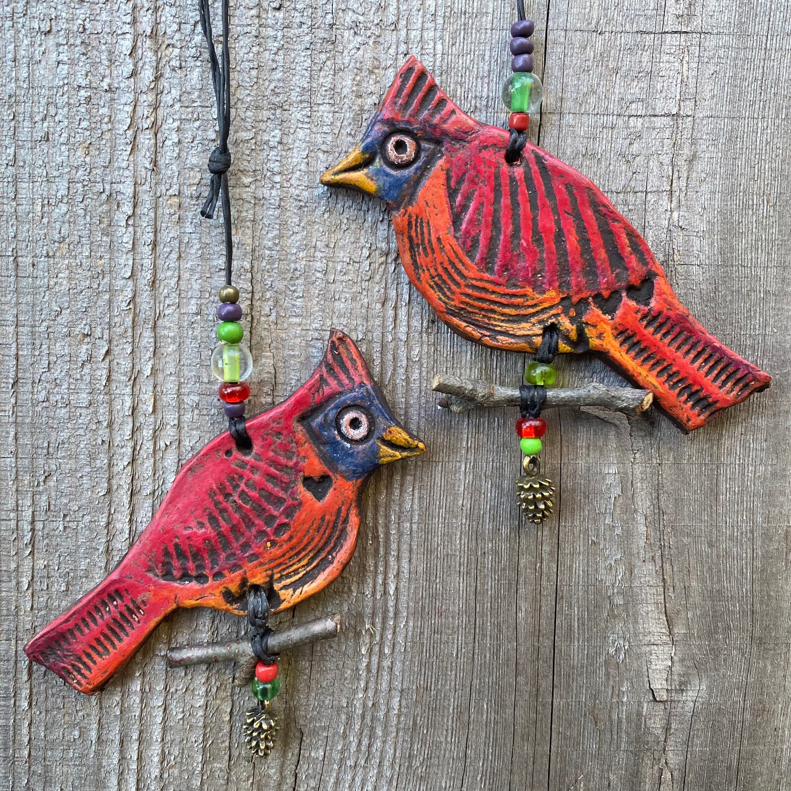 Cardinal Ornament Clay Cardinal Sitting on Branch Happy - Etsy