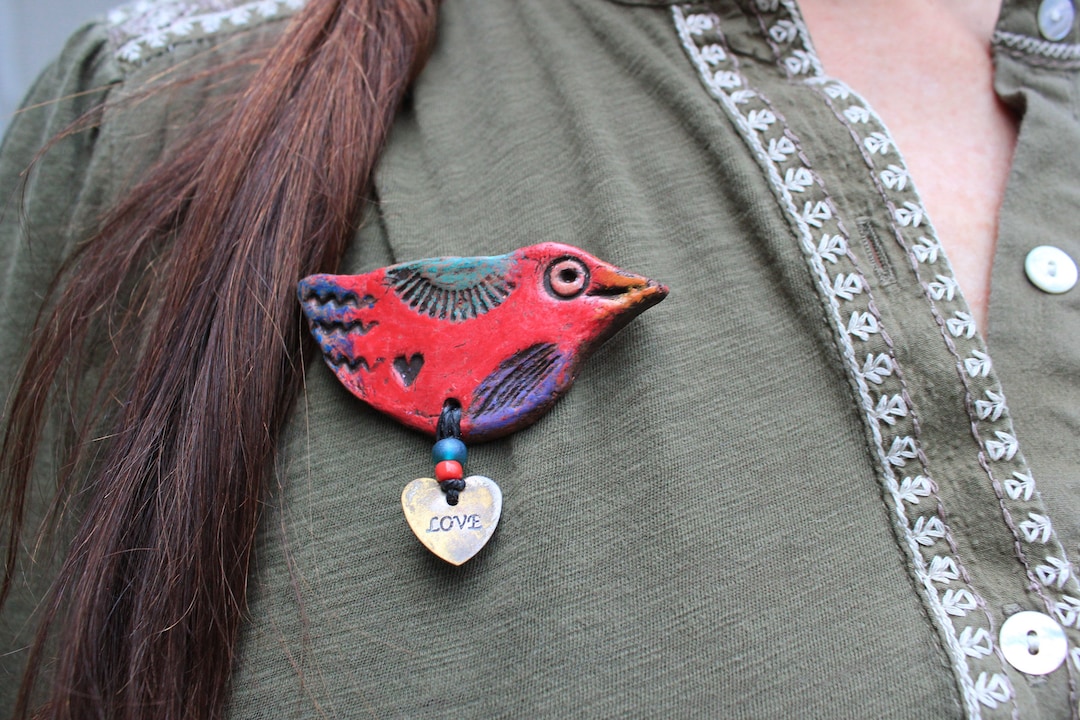 Bird Pin - Happy Little Bird Pin With Antique Heart Charm - Valentine ...