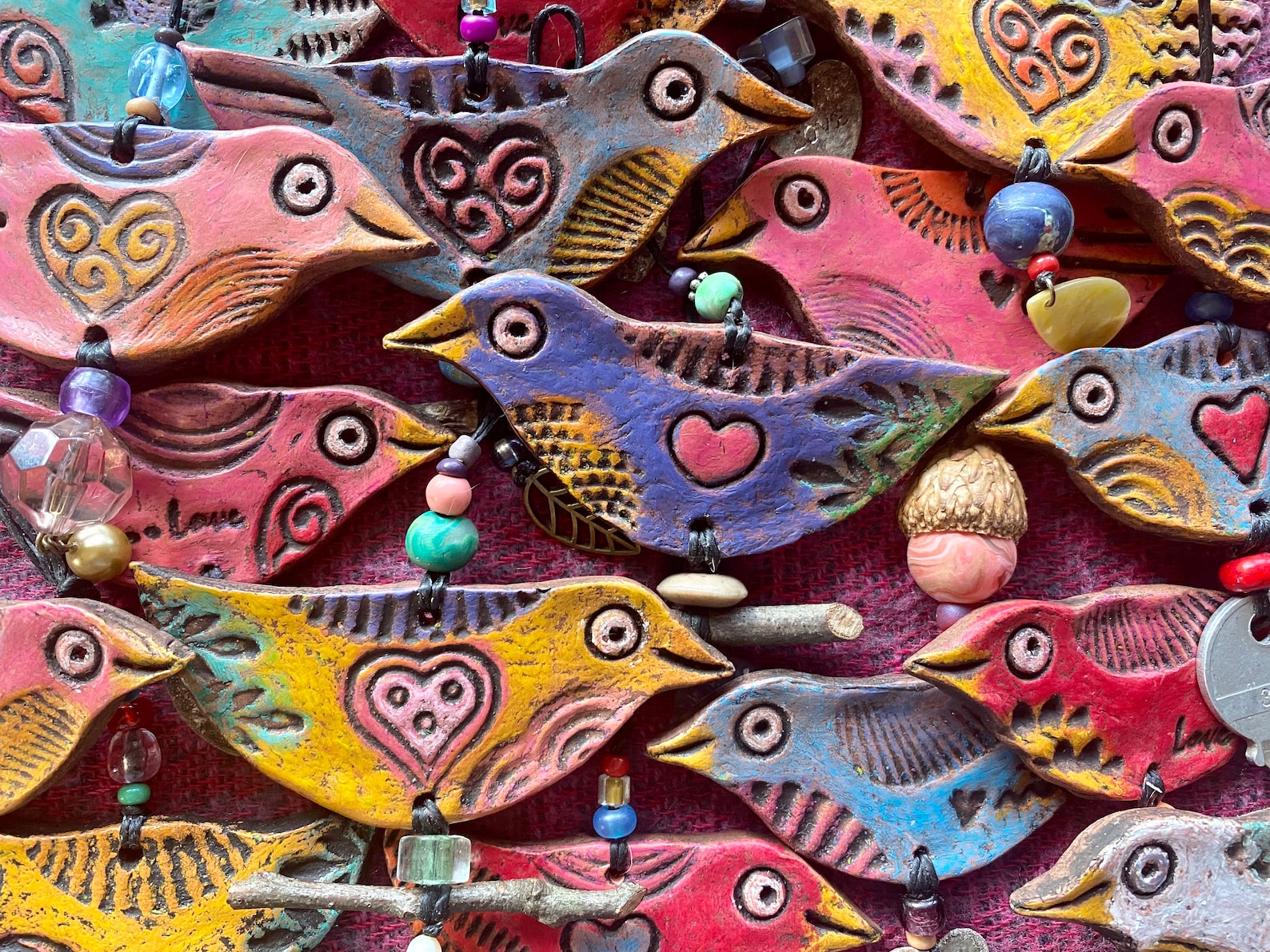 Happy Little Bird With Heart - Love Bird Ornament - Hanging Clay Bird ...